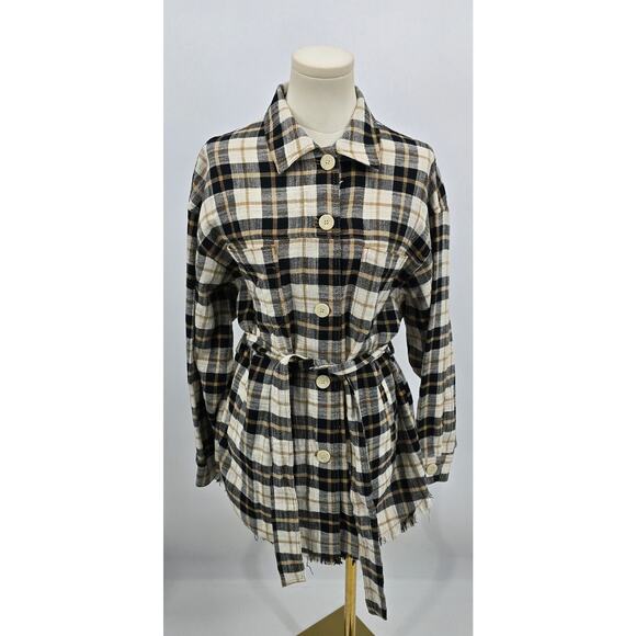 Zara | Jackets & Coats | Zara Plaid Tiewaist Shirt Jacket W Frayed Hem ...